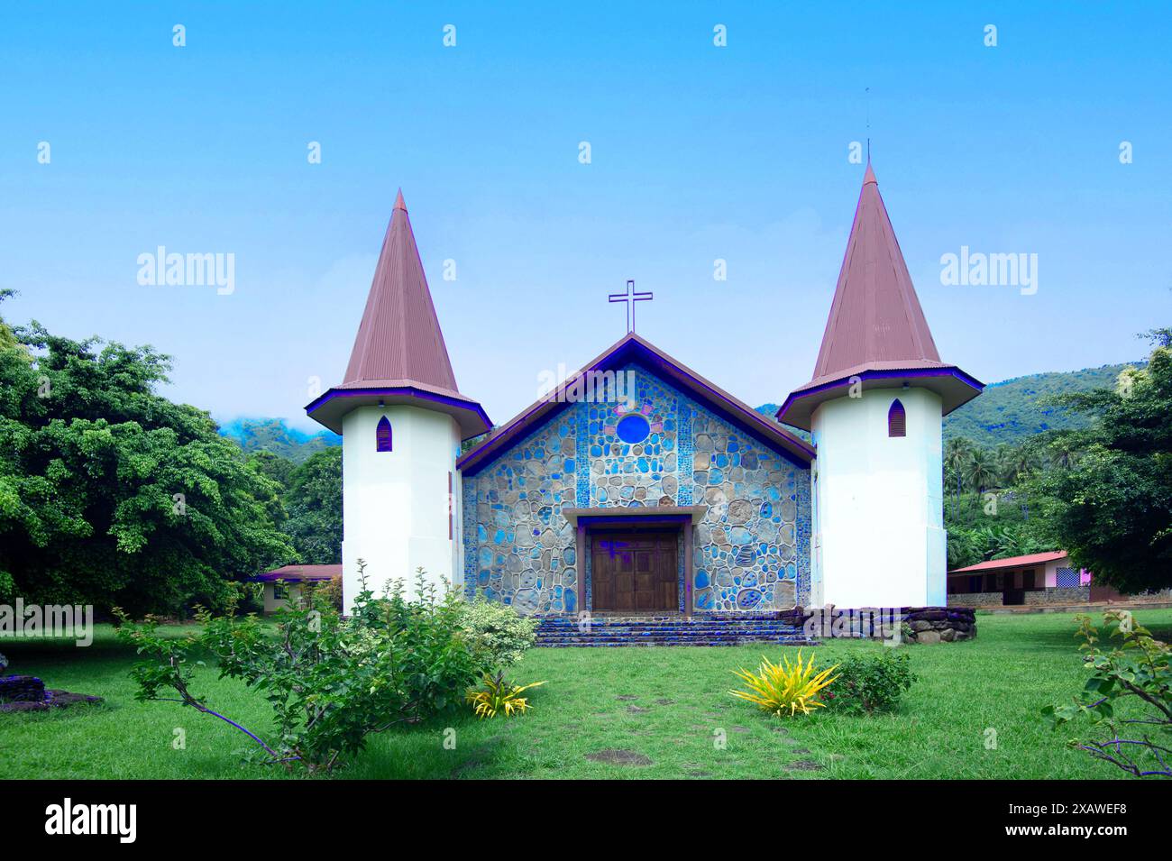 Village church at Hatiheu, Nuku Iva Island, Marquesas Islands, French ...