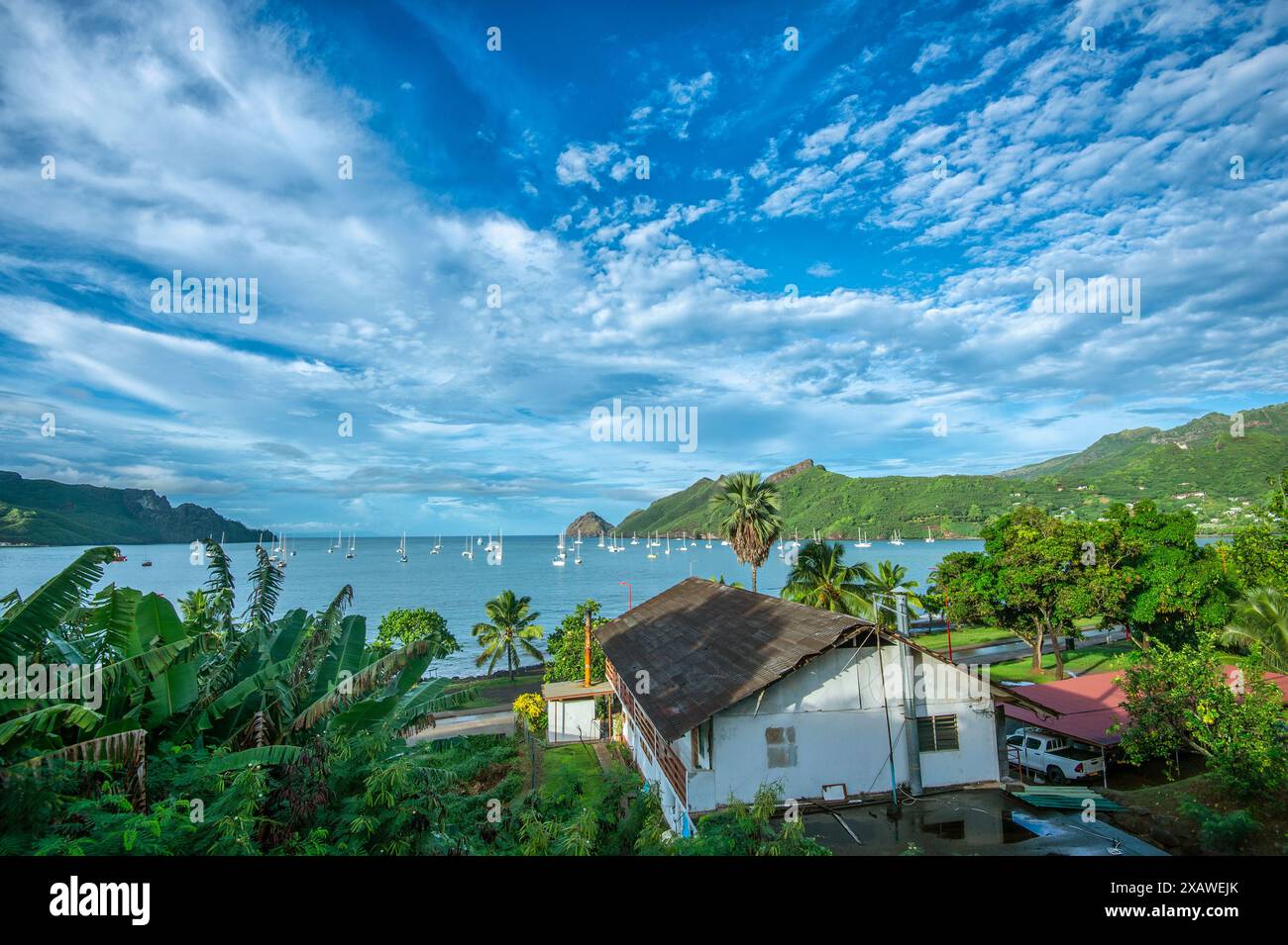 Scenic view of the small village of Taiohae on Niku Hiva island ...