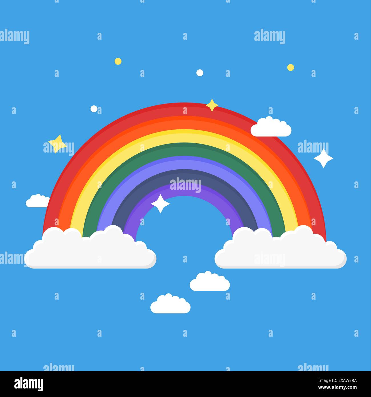 Beautiful Rainbow Design with White Clouds. Bright Blue Sky. Vector ...