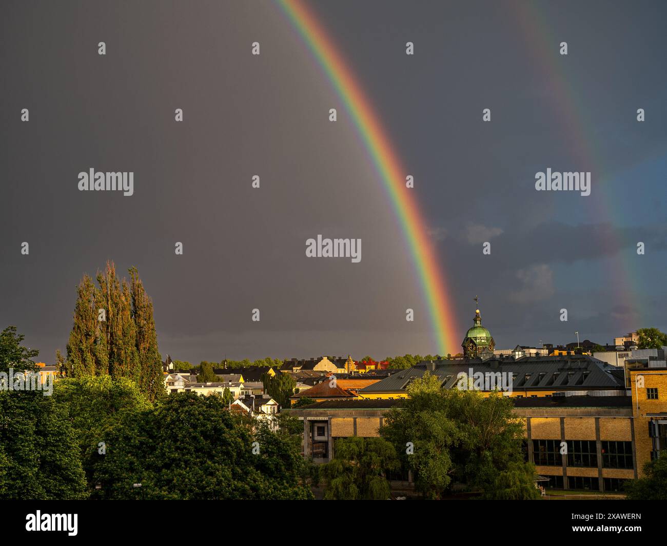 Aerial view of a powerful rainbow over Norrköping on the Swedish ...