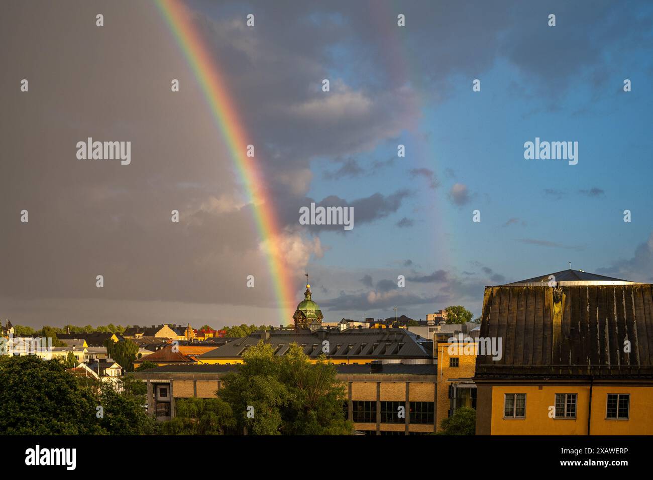 Aerial view of a powerful rainbow over Norrköping on the Swedish ...