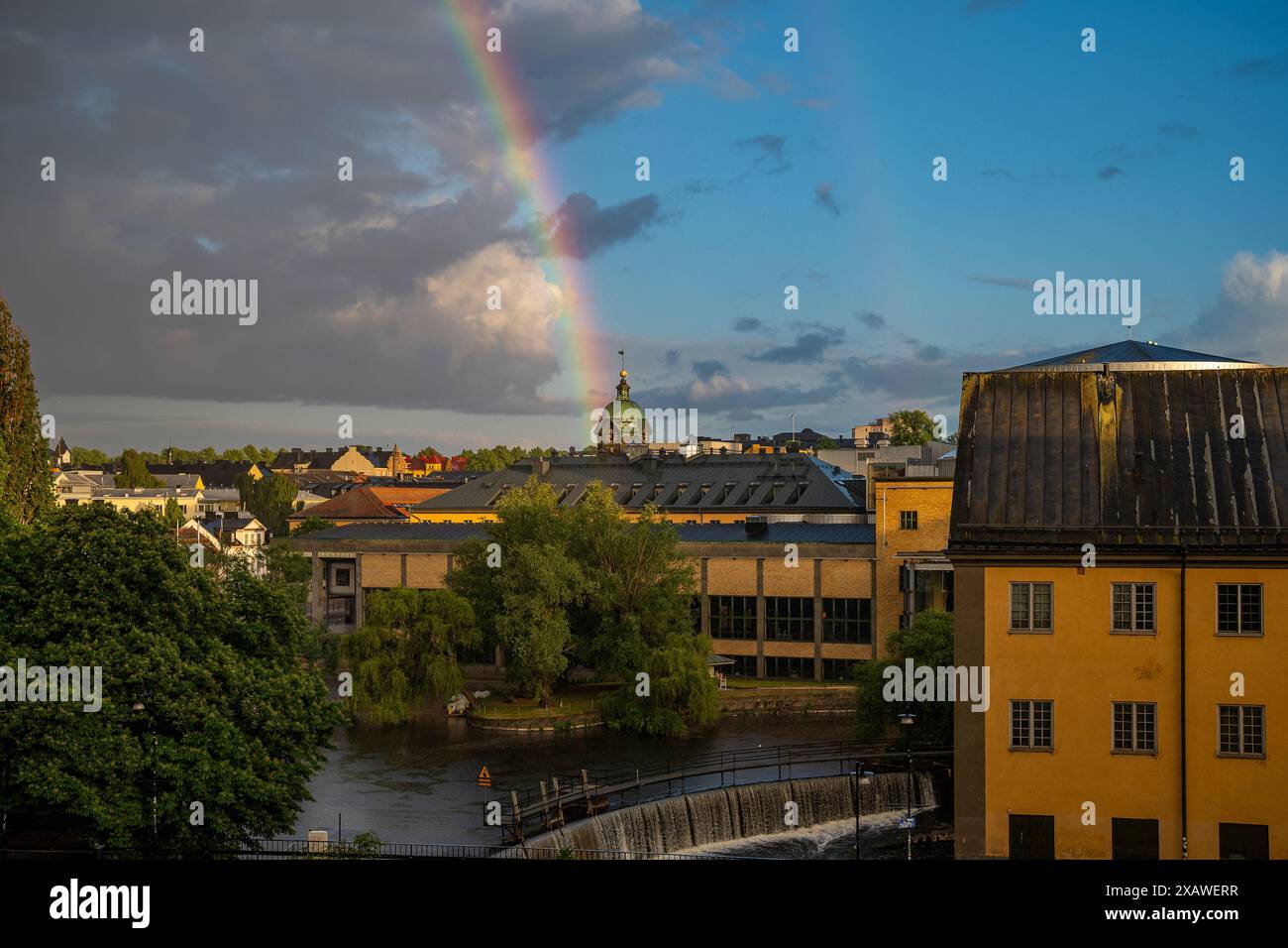 Aerial view of a powerful rainbow over Norrköping on the Swedish ...