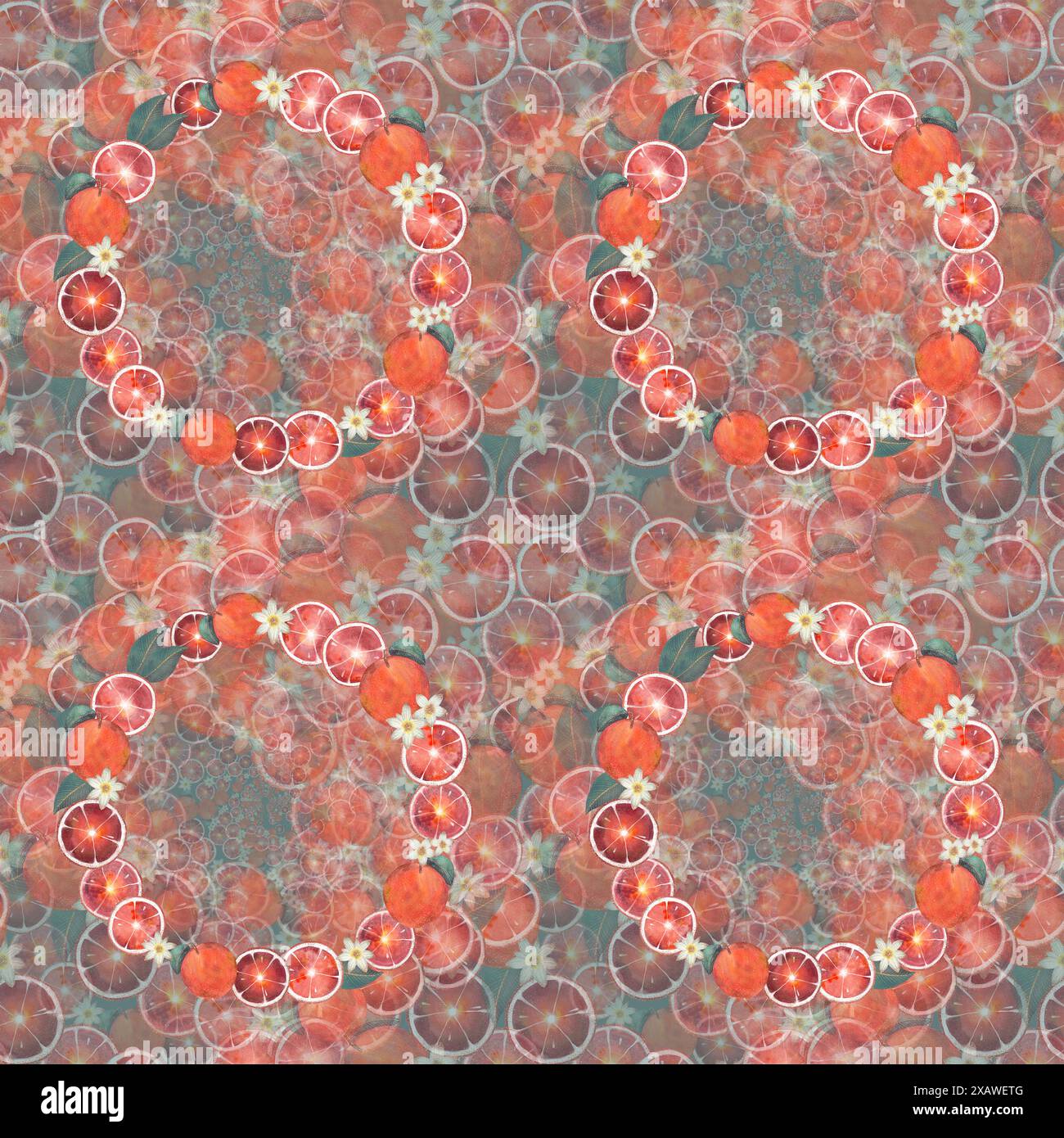 A vibrant circular pattern showcases citrus fruits, flowers, and light ...
