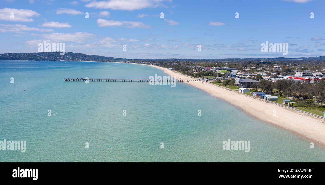 View of Dromana Pier taken by drone showing a stretch of ocean Stock ...