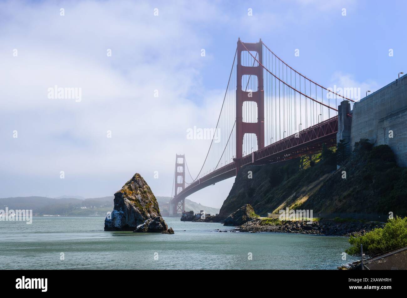 The Golden Gate Bridge in the mist, taken from the Marin County side ...