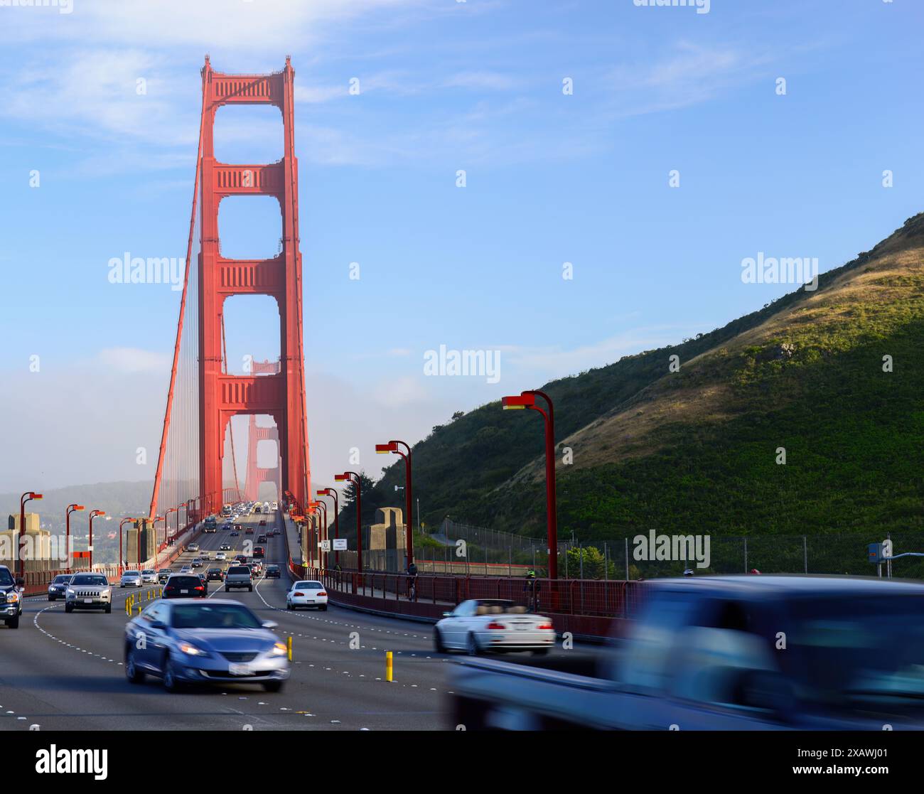Golden Gate Bridge with peak hour traffic, taken from the Marin County ...