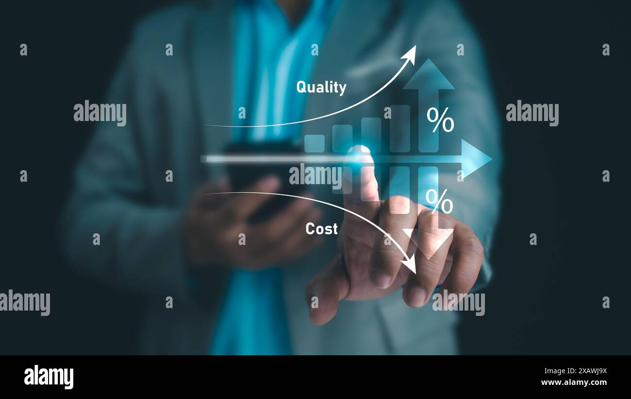 Businessman touching showing a quality control growth graph and cost ...