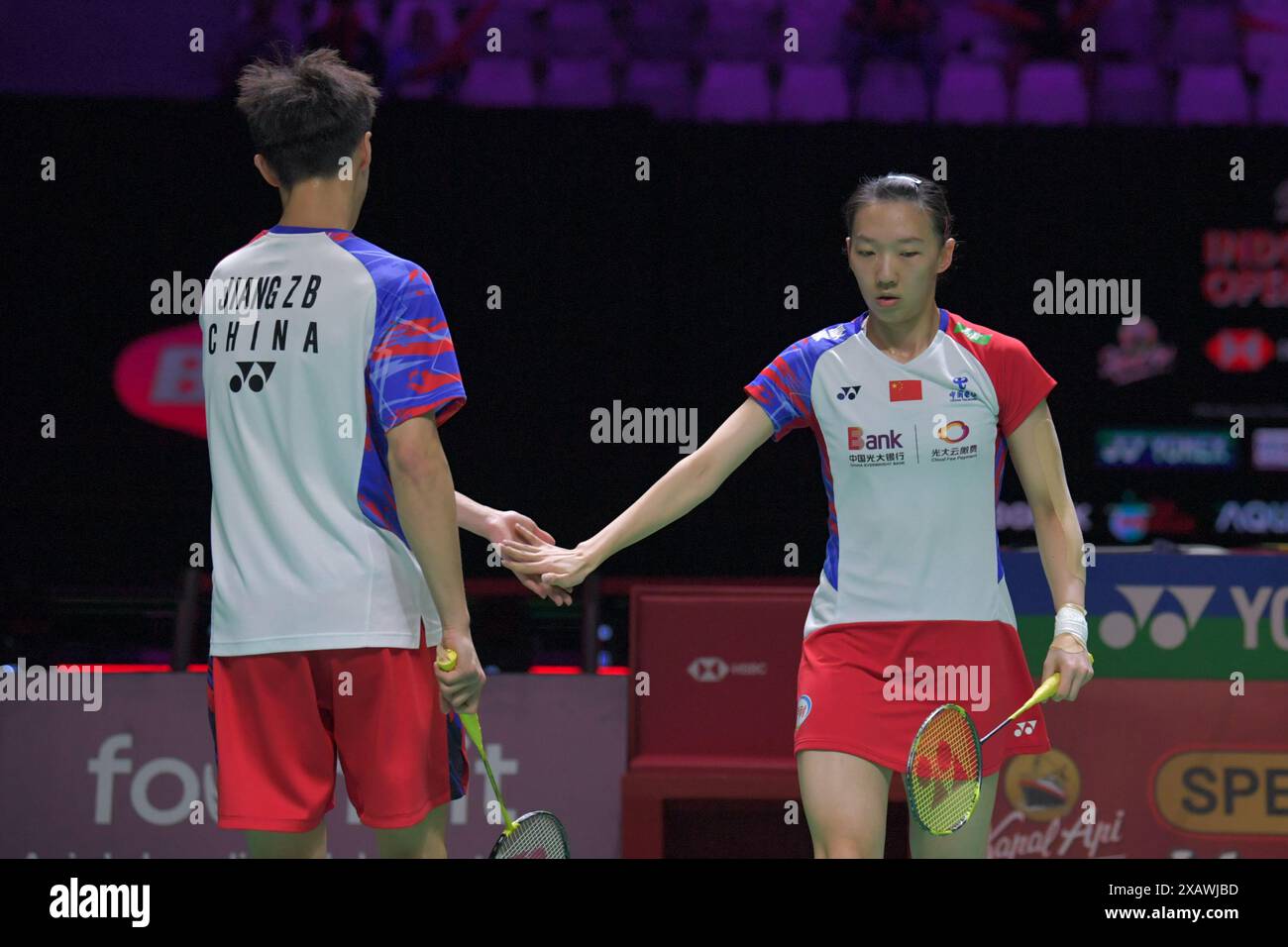 Jakarta, Indonesia. 9th June, 2024. Jiang Zhenbang/Wei Yaxin (R) react during the mixed doubles ...