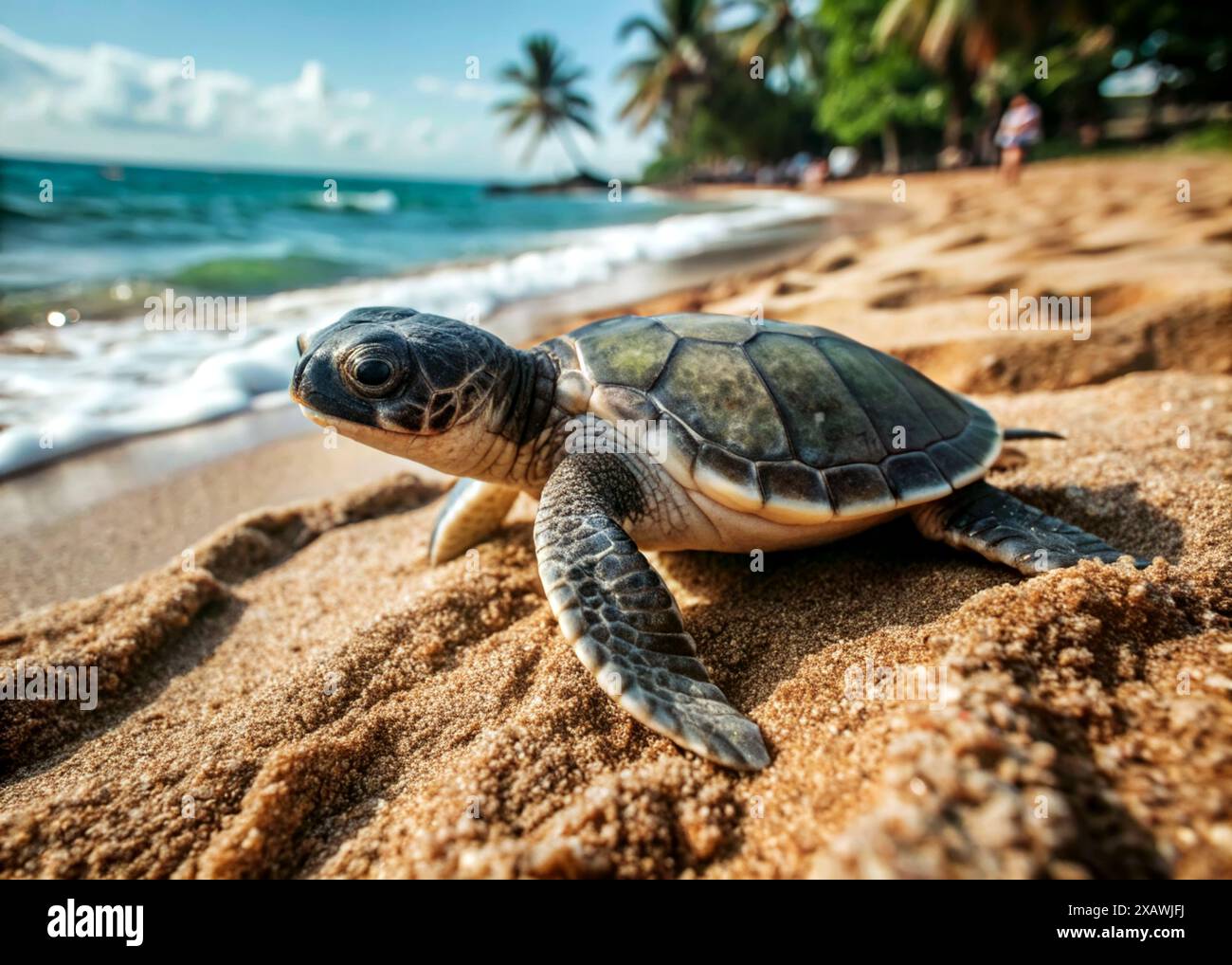 Baby turtle walking on the beach sand towards the sea Stock Photo - Alamy