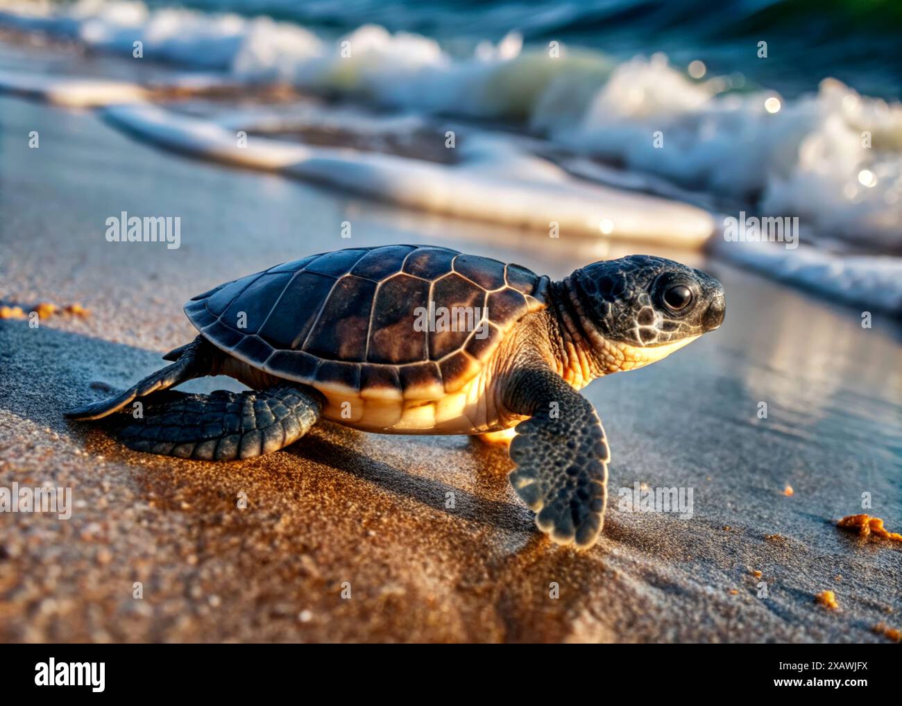 Baby turtle walking on the beach sand towards the sea Stock Photo - Alamy