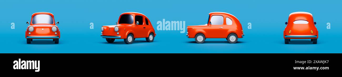 Small, red, cartoon car on blue background from 4 different points of ...