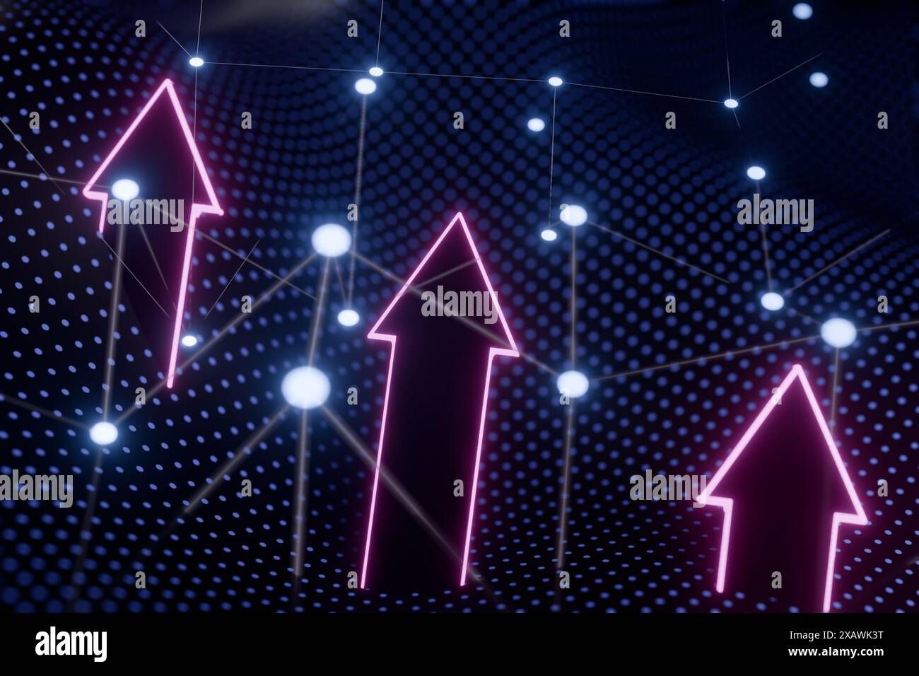Neon arrows pointing upward against a digital dotted background with ...