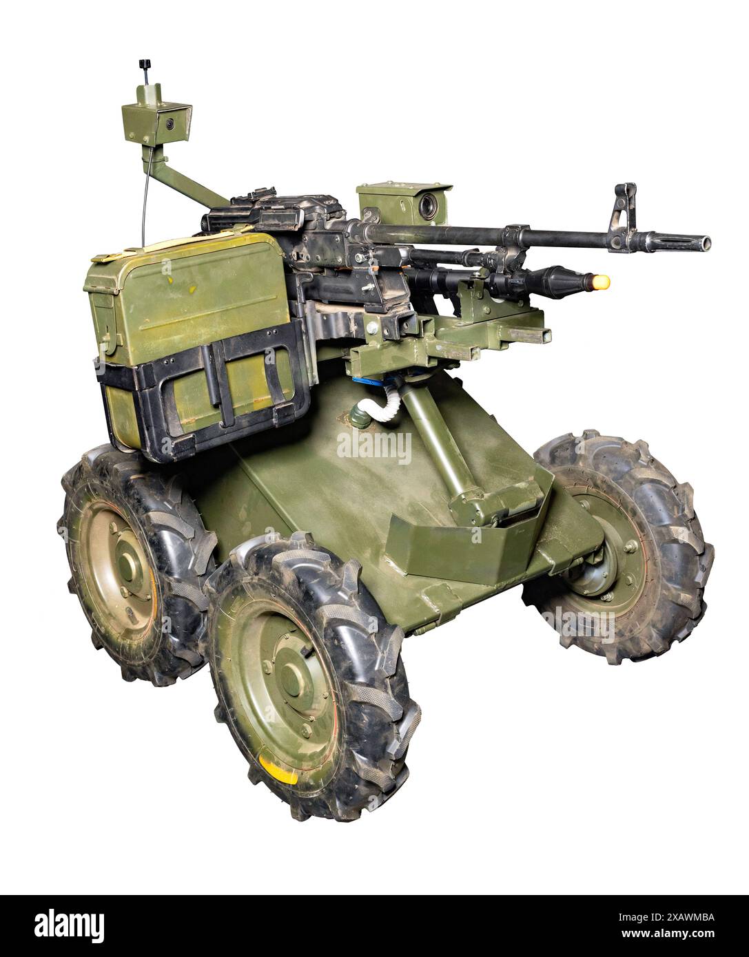Military combat wheeled robotic vehicle with a mounted remote ...