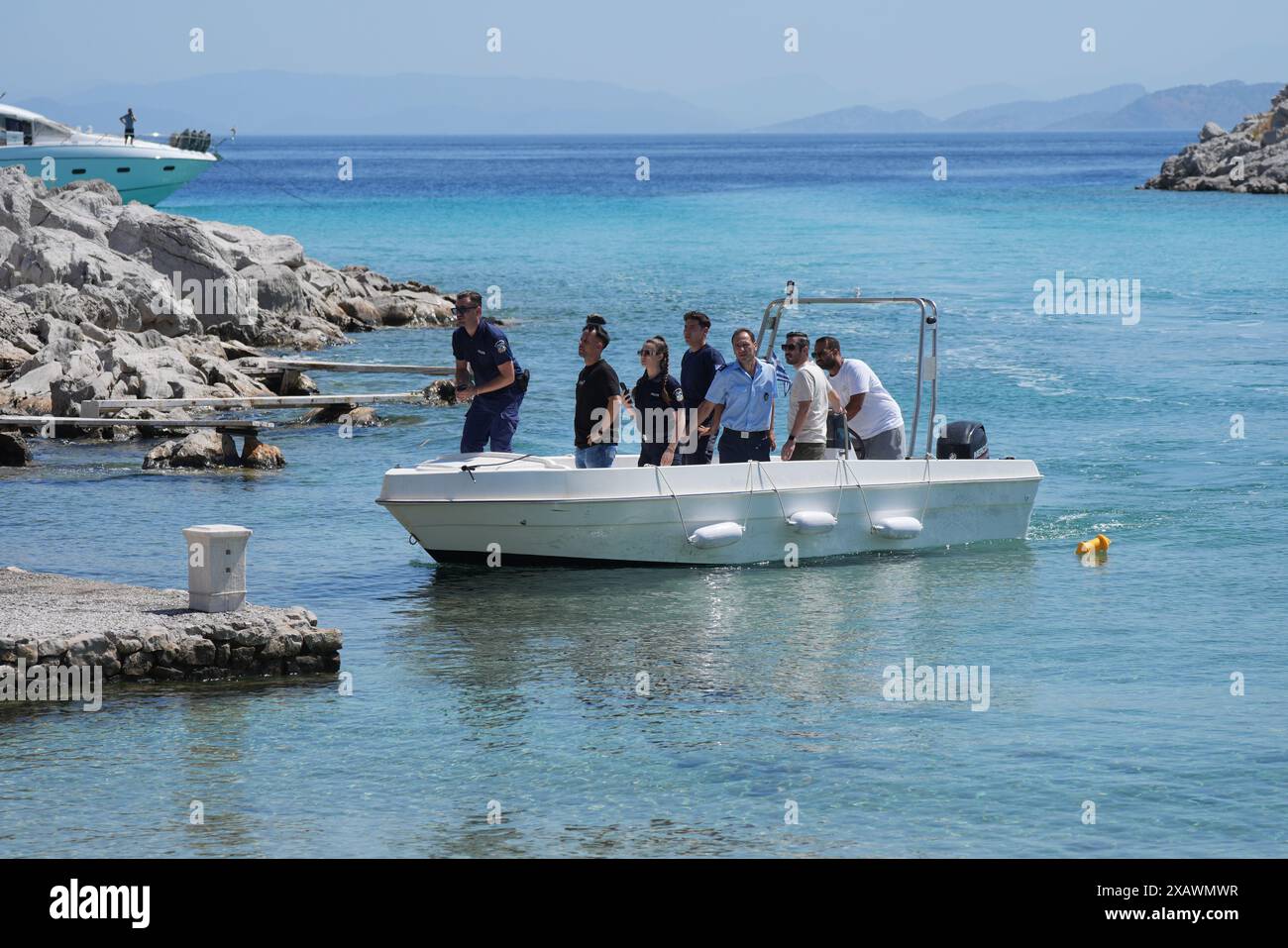 Emergency services on a boat at Agia Marina in Symi, Greece, where a ...