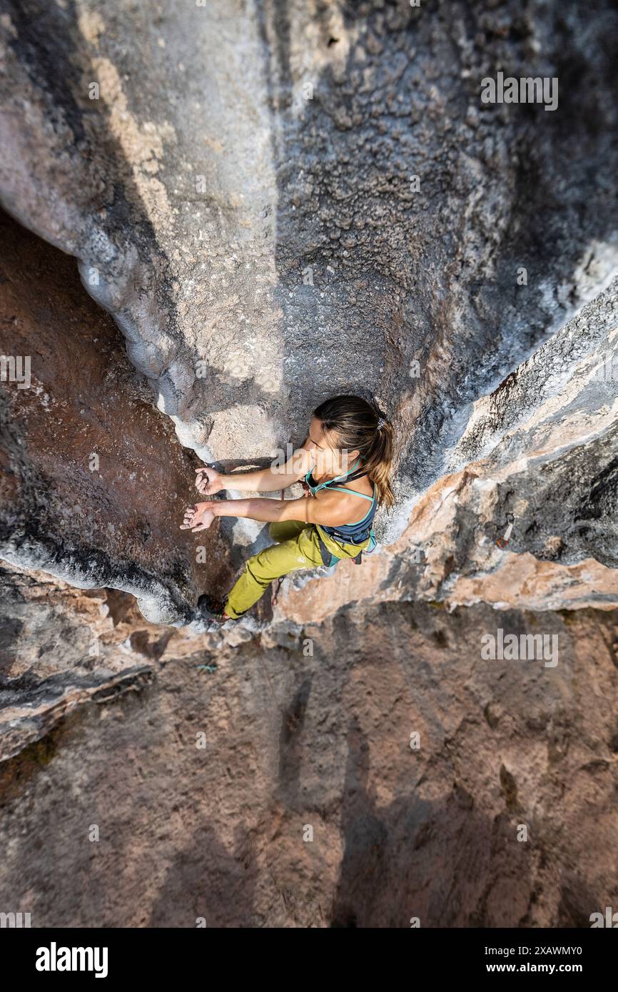 woman climbing big walls in the mountains, doing sports, striving hard ...