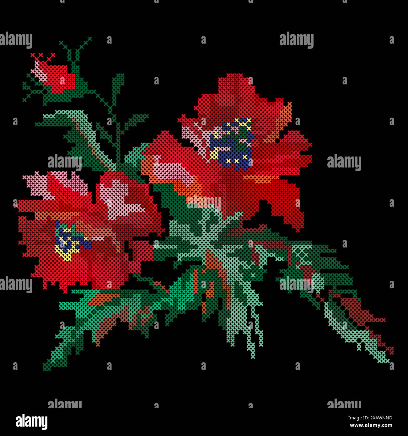 Cross stitch flowers. Floral embroidery pattern, vector illustration ...