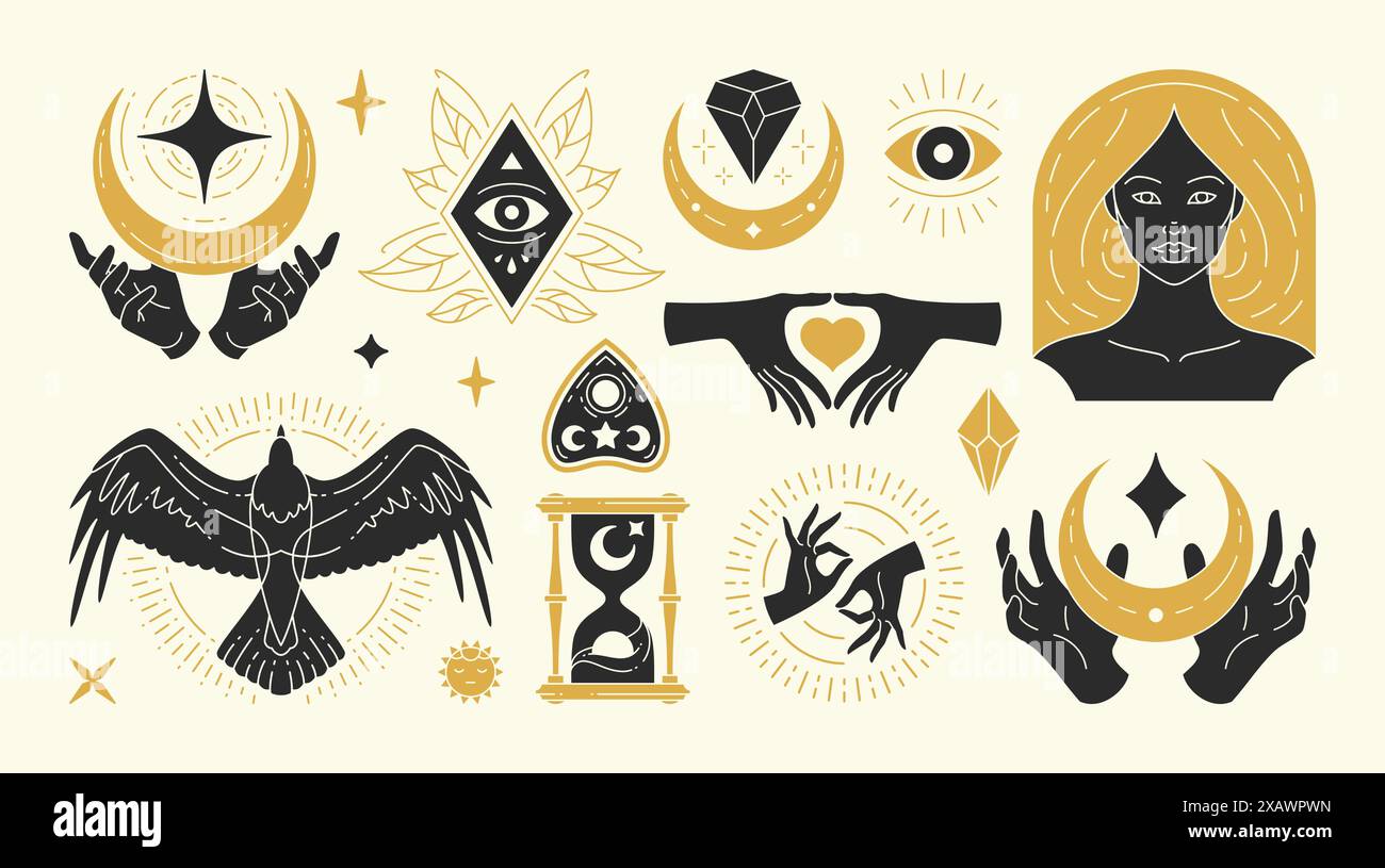 Magic woman vector illustrations of graceful feminine women and esoteric symbols set. Mysterious ...