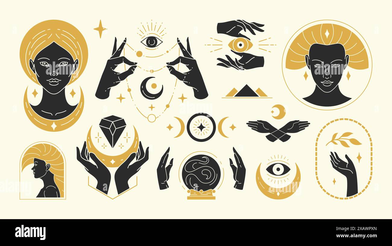 Magic woman vector illustrations of graceful feminine women and esoteric symbols set. Mysterious ...