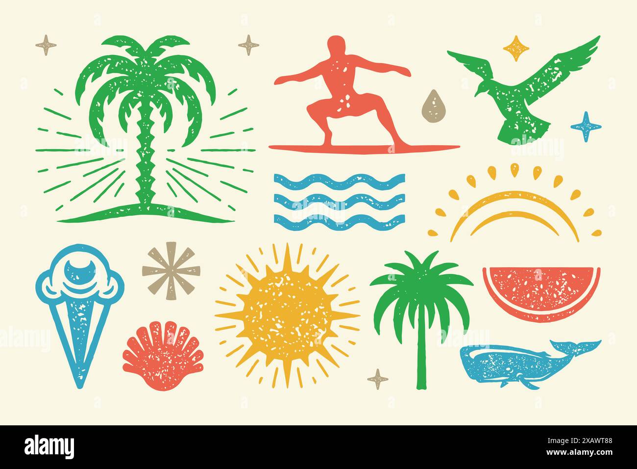 Summer symbols and objects set vector illustration. Cold ice cream cone ...