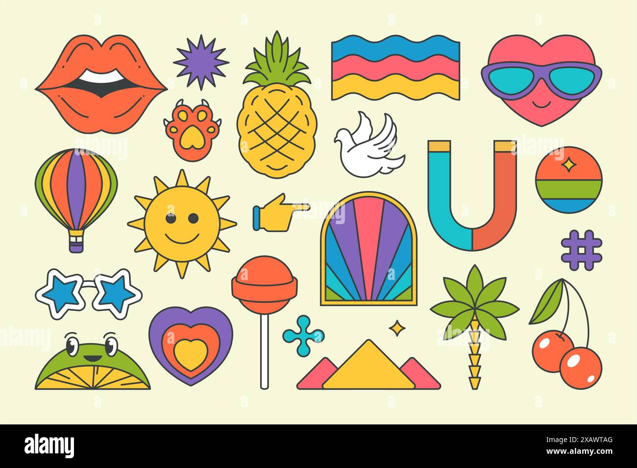 Collection contoured hipster stickers pop art groovy decorative design ...