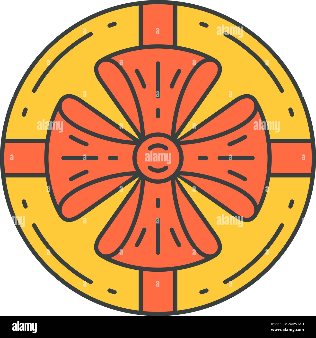 Circle yellow festive gift box decorated by red bow top view pop art ...