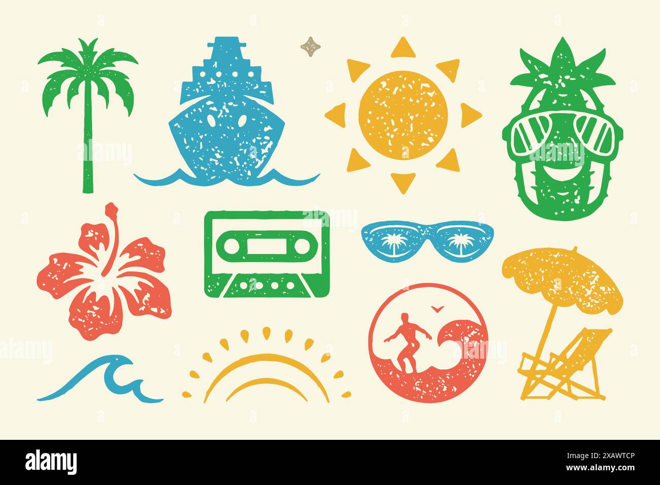 Summer symbols and objects set vector illustration. Bright warm sun ...