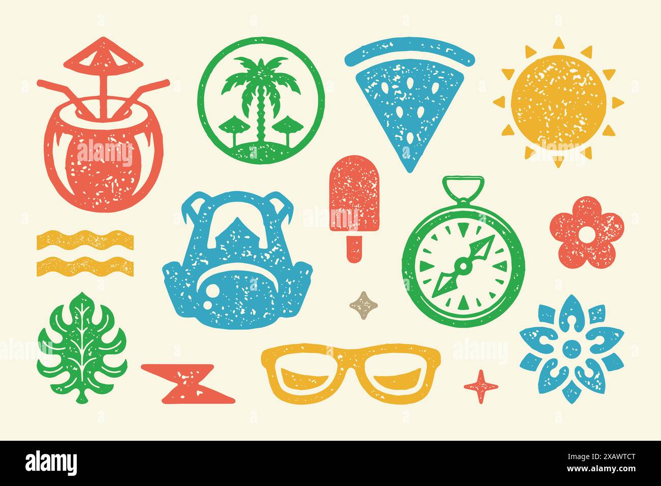 Summer symbols and objects set vector illustration. Tropical island ...