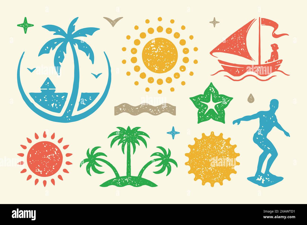 Summer symbols and objects set vector illustration. Bright sun and ...