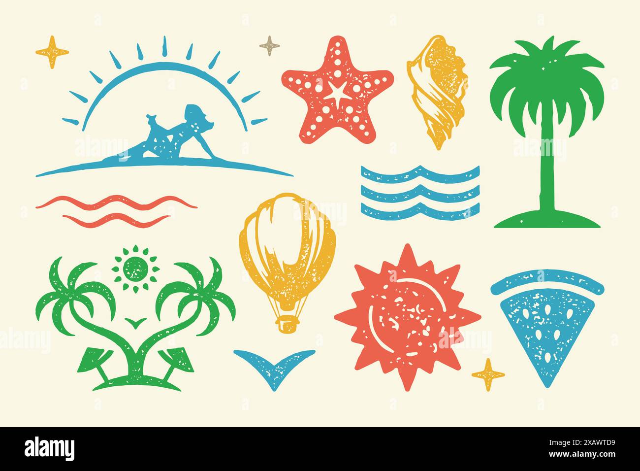 Summer symbols and objects set vector illustration. Island with double ...