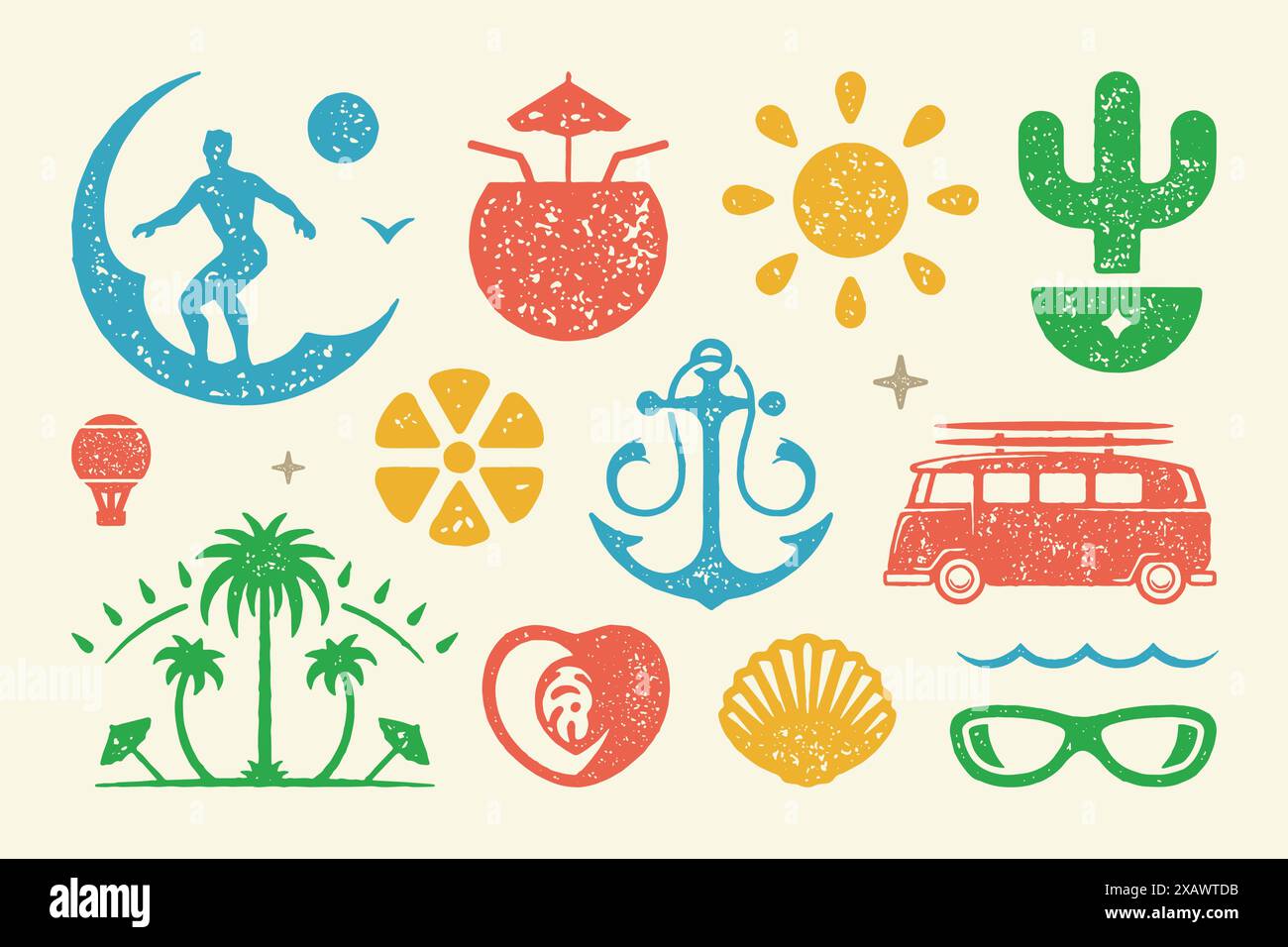 Summer symbols and objects set vector illustration. Bright sun on ...