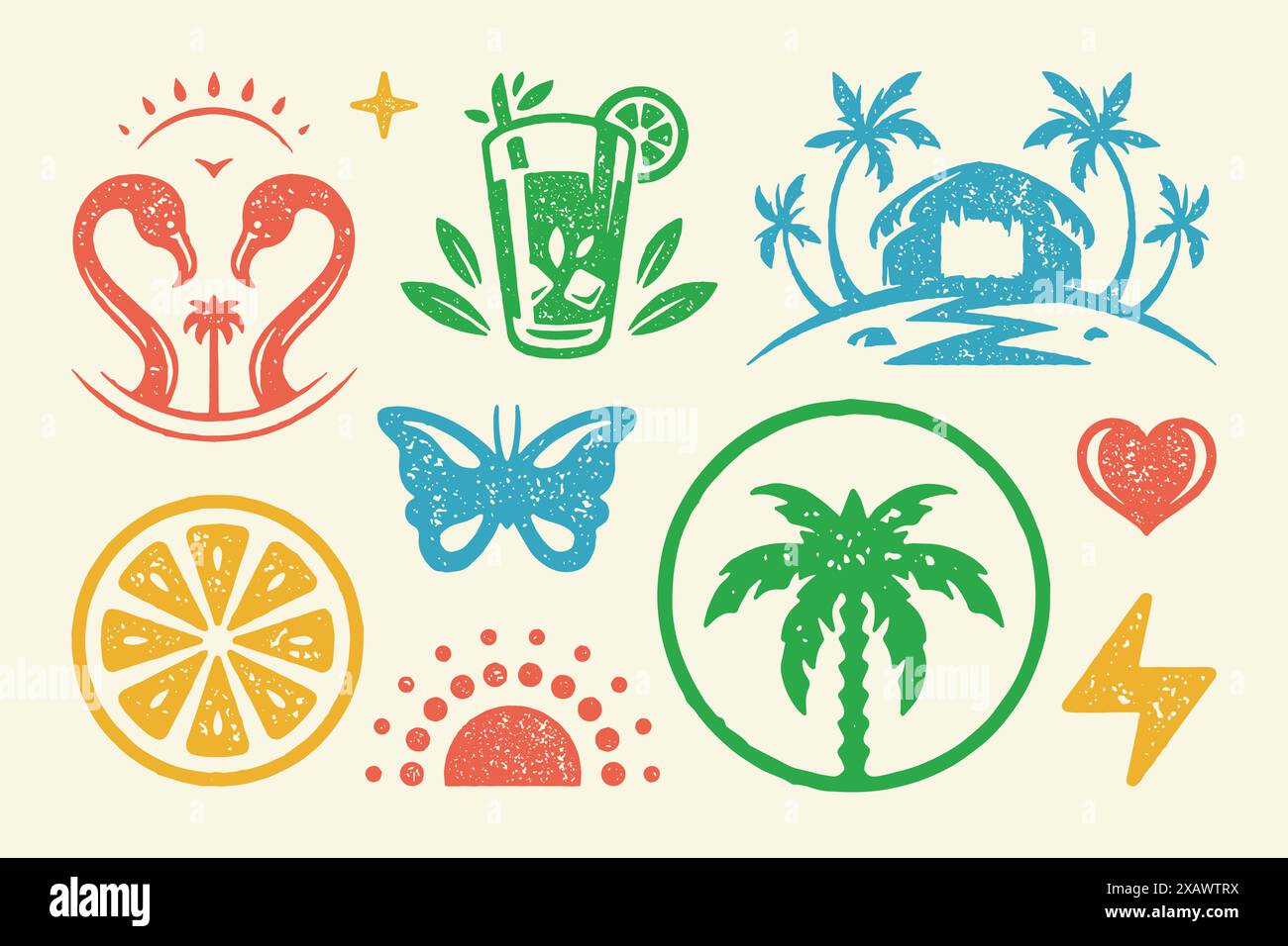Summer symbols and objects set vector illustration. Glass of lemonade ...
