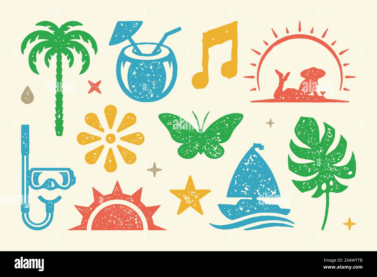 Summer symbols and objects set vector illustration. Lush palm with coconut cocktail and tropical ...