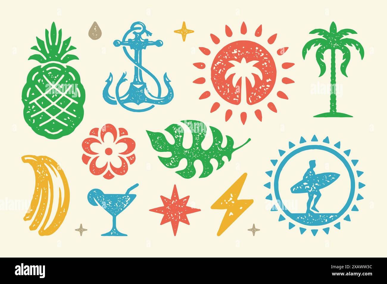 Summer symbols and objects set vector illustration. Ripe pineapple with ...