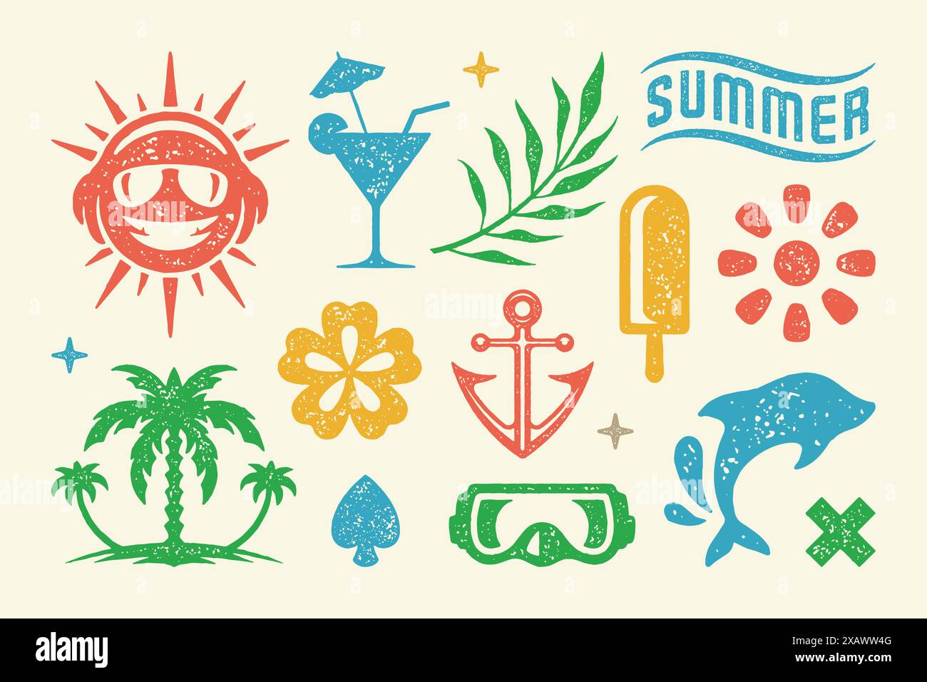Summer symbols and objects set vector illustration. Triple palm tree on island with flower and ...