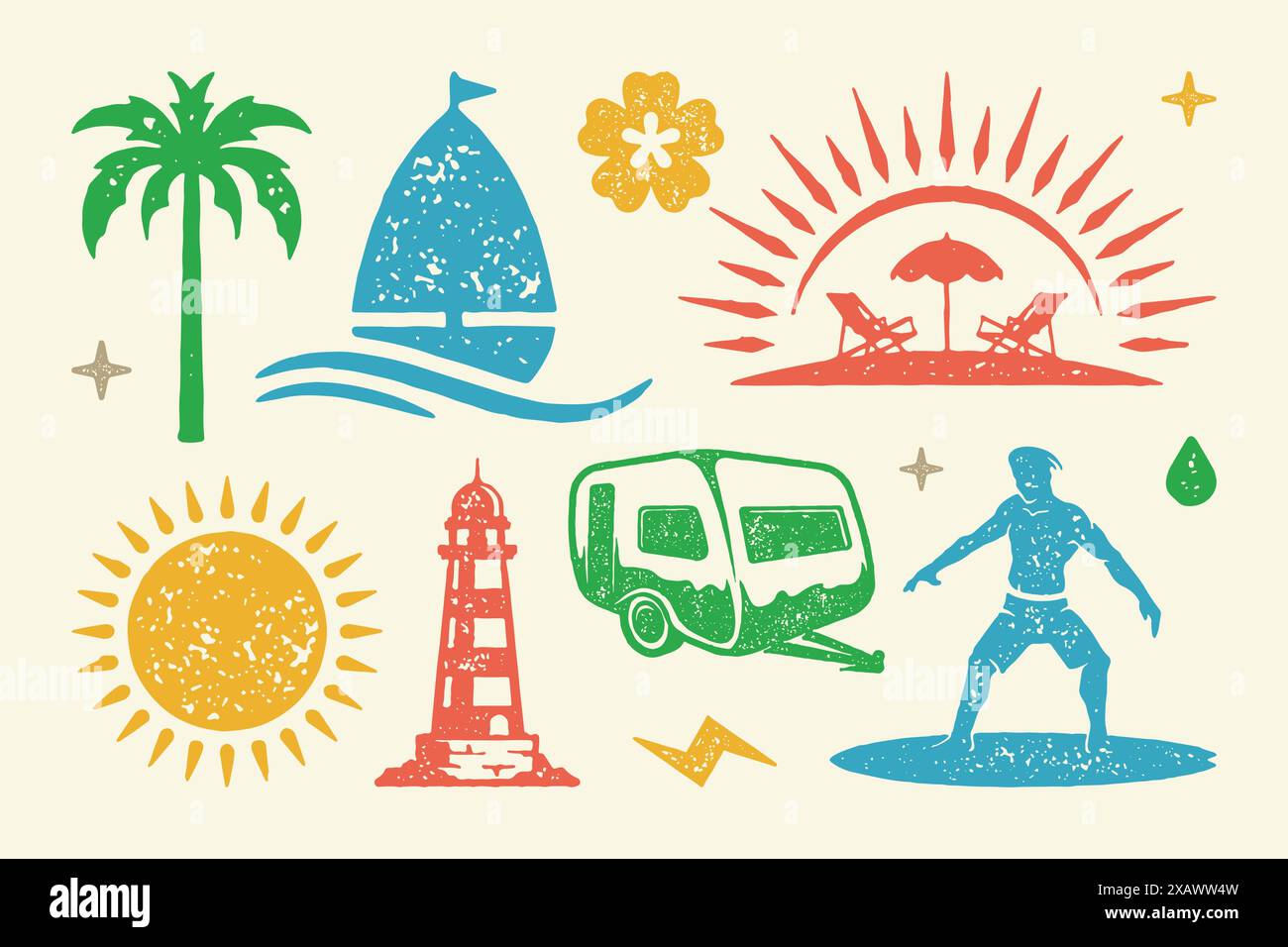 Summer symbols and objects set vector illustration. Coastal lighthouse ...