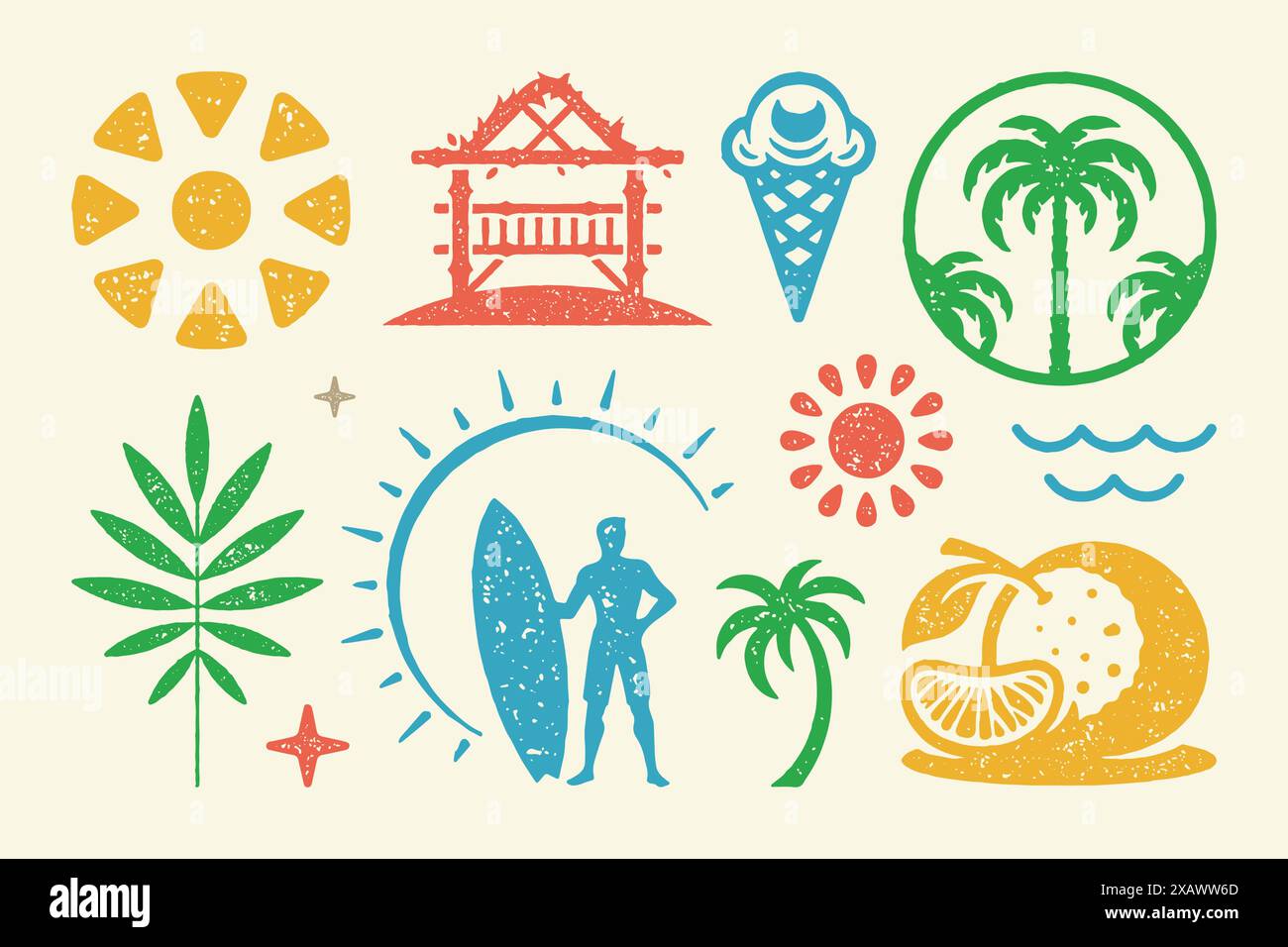 Summer symbols and objects set vector illustration. Orange with slice ...