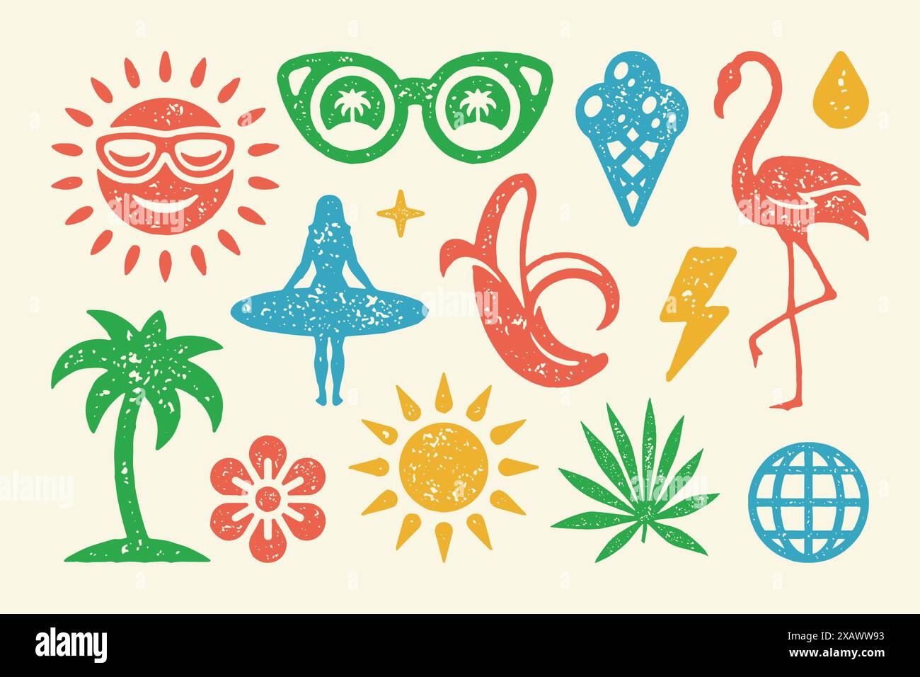 Summer symbols and objects set vector illustration. Flamingo with cone refreshing ice cream ...