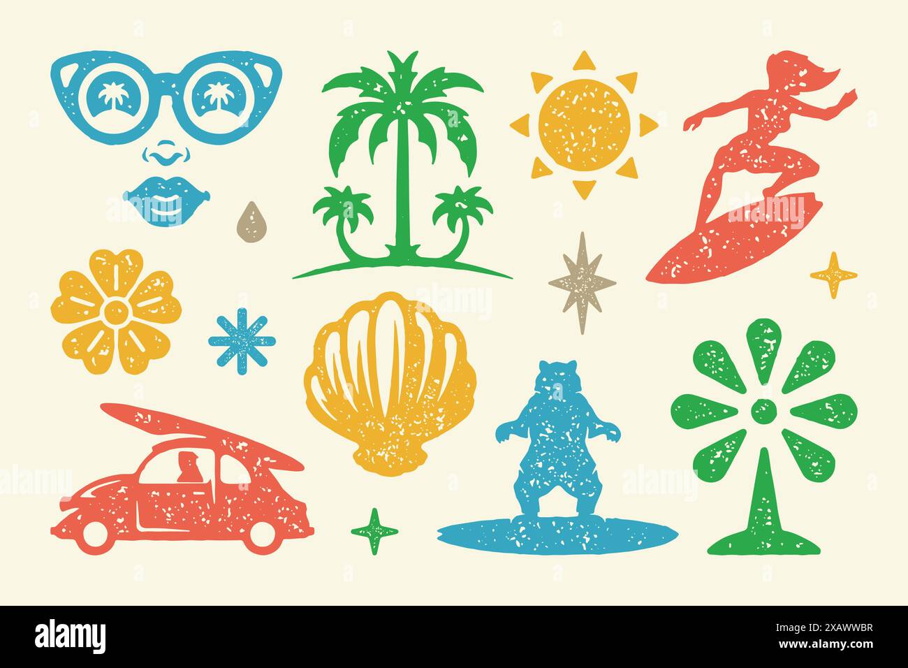 Summer symbols and objects set vector illustration. Bear on board and ...