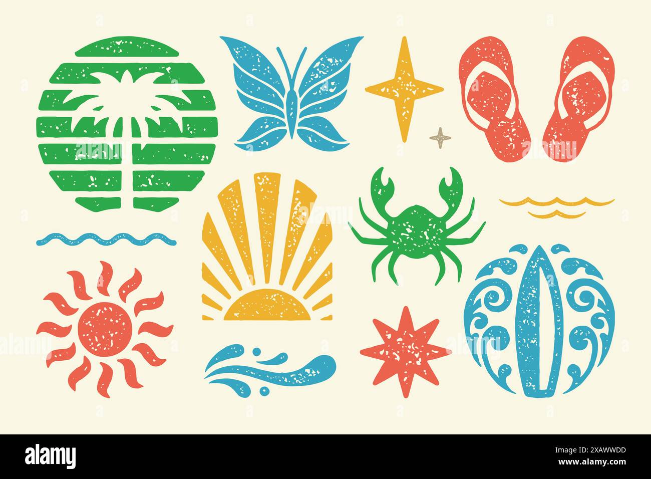 Summer symbols and objects set vector illustration. Summer sandals with ...