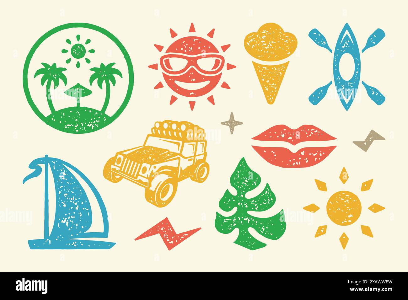 Summer symbols and objects set vector illustration. Jeep for travel ...