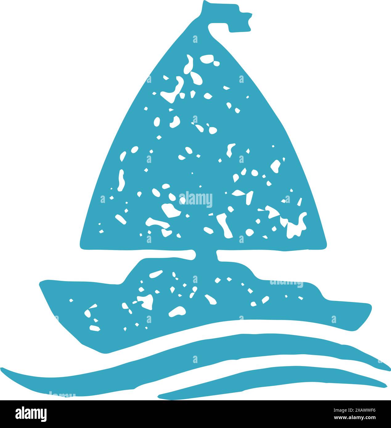 Minimalist sailing boat with flag floating sea waves grunge texture ...