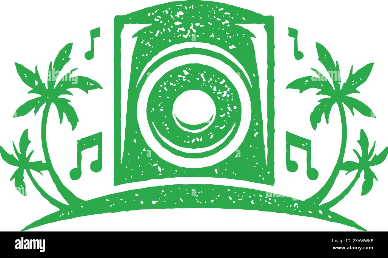 Sound bass audio system at tropical island surrounded by flying musical ...