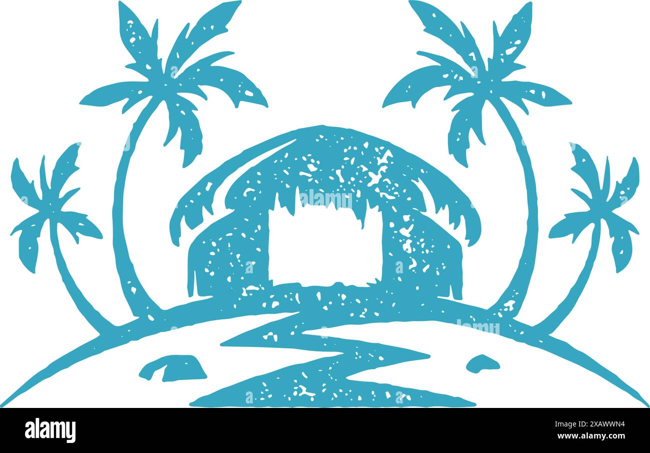 Tropical nature island bungalow surrounded by palm trees blue hand ...