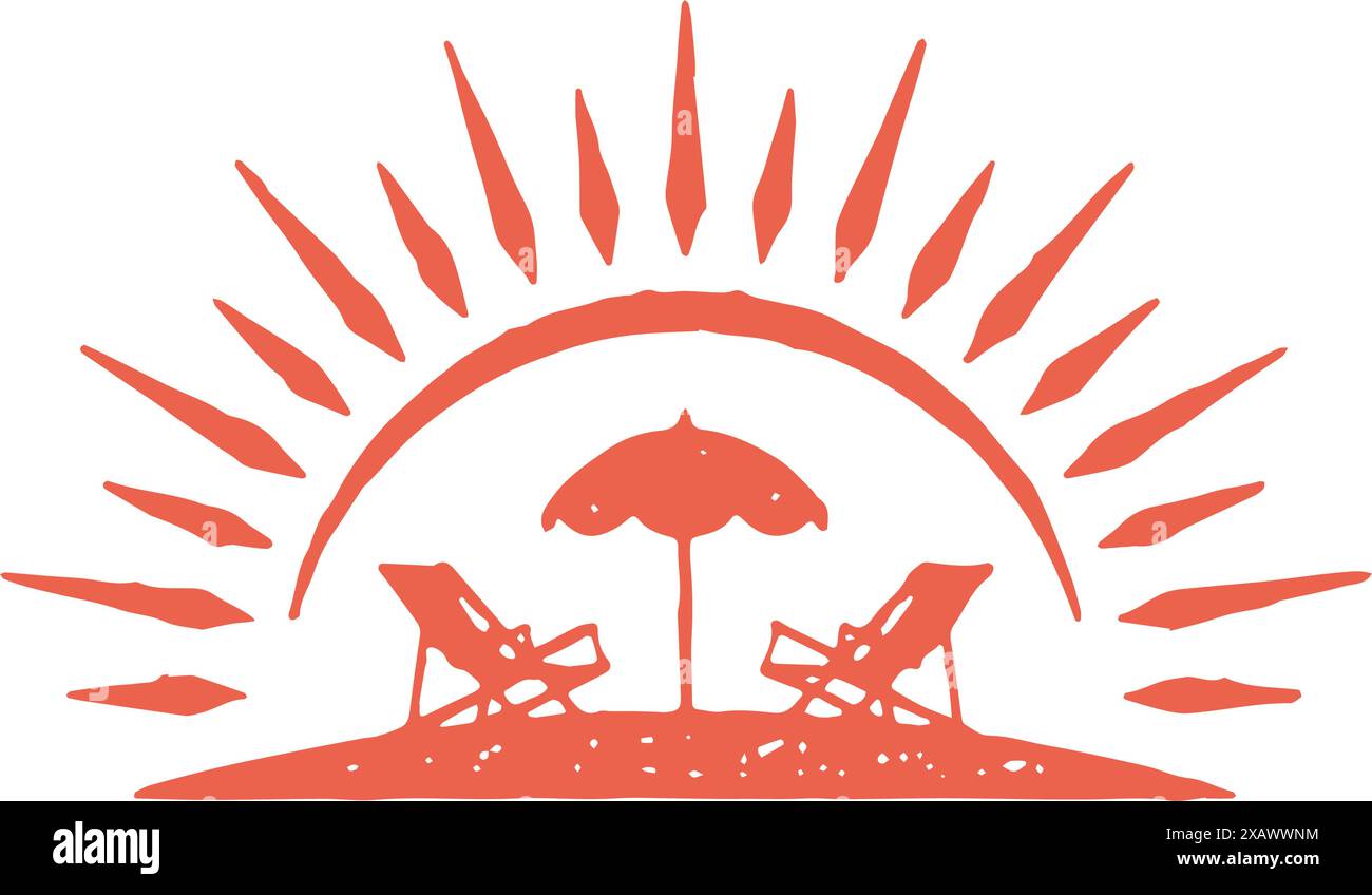 Two chaise lounge and umbrella on beach at burning red sun arch with ...