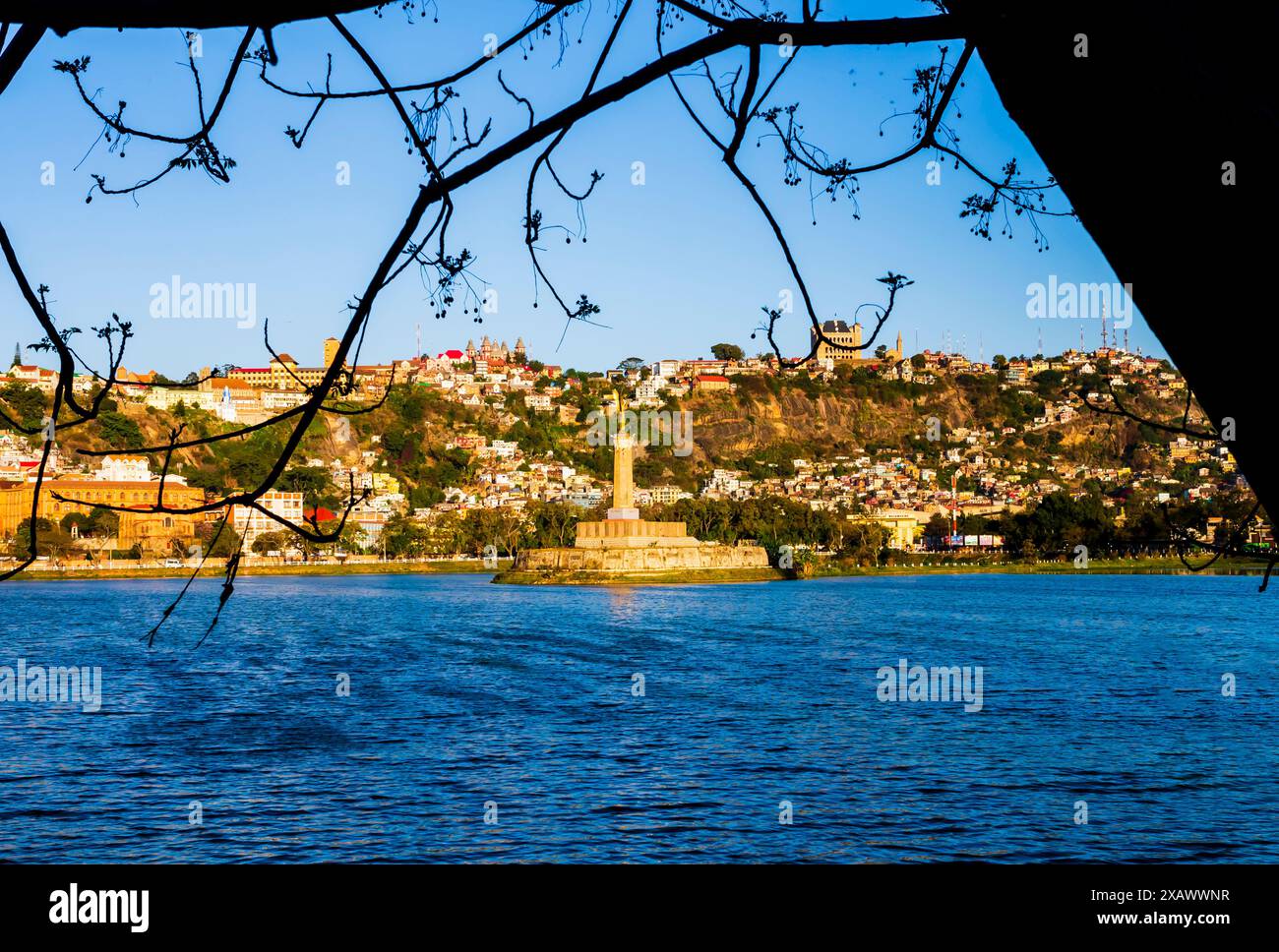 Picturesque view of lake Anosy and its Monument aux Mort, a french ...