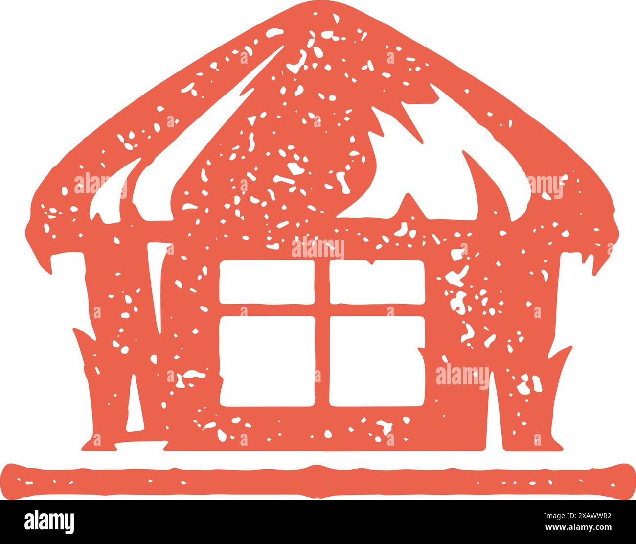 Tropical red hand drawing bungalow with straw roof and window for ...