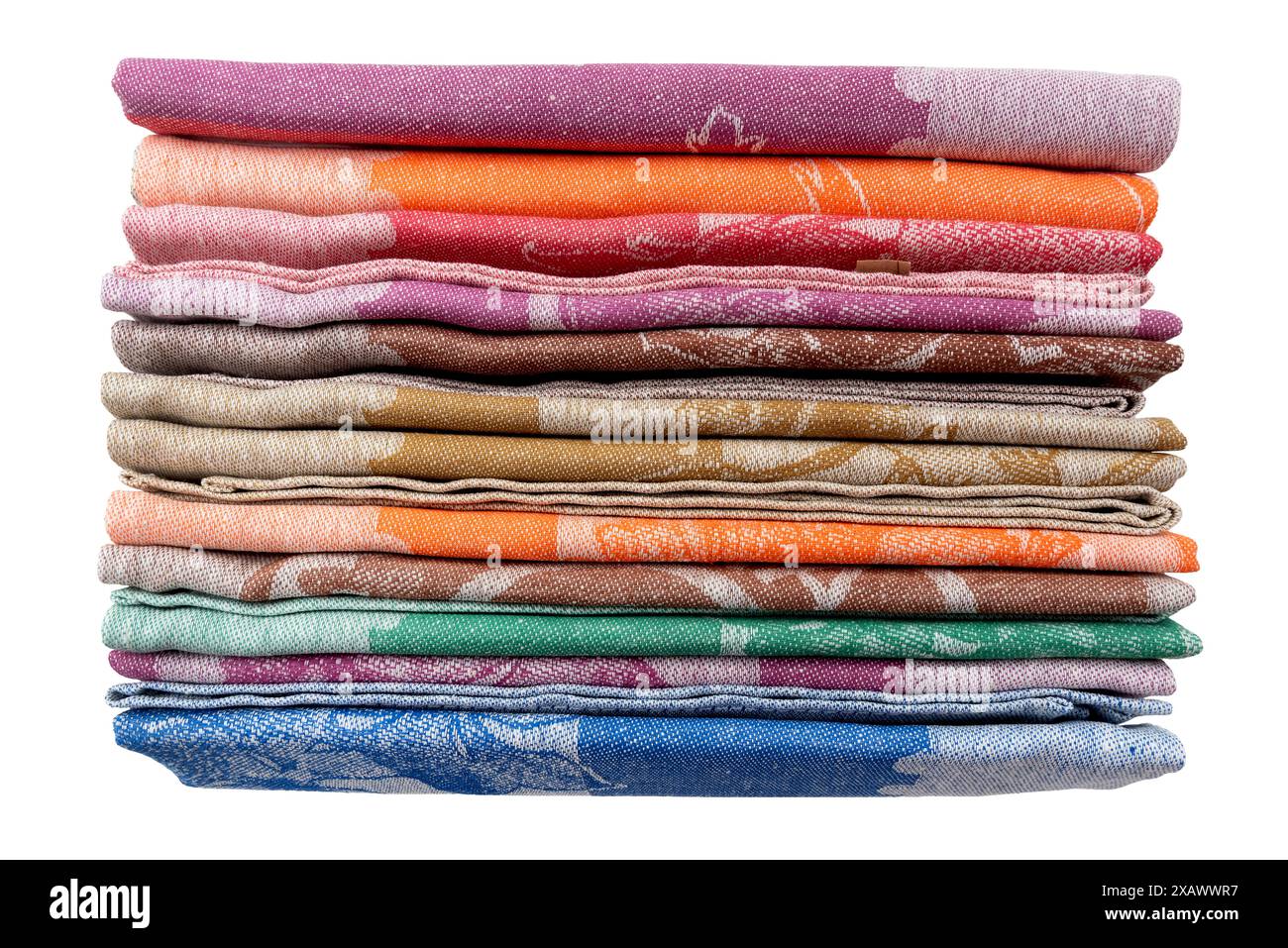 Stack of kitchen linen towels on a white background. Isolate for ...