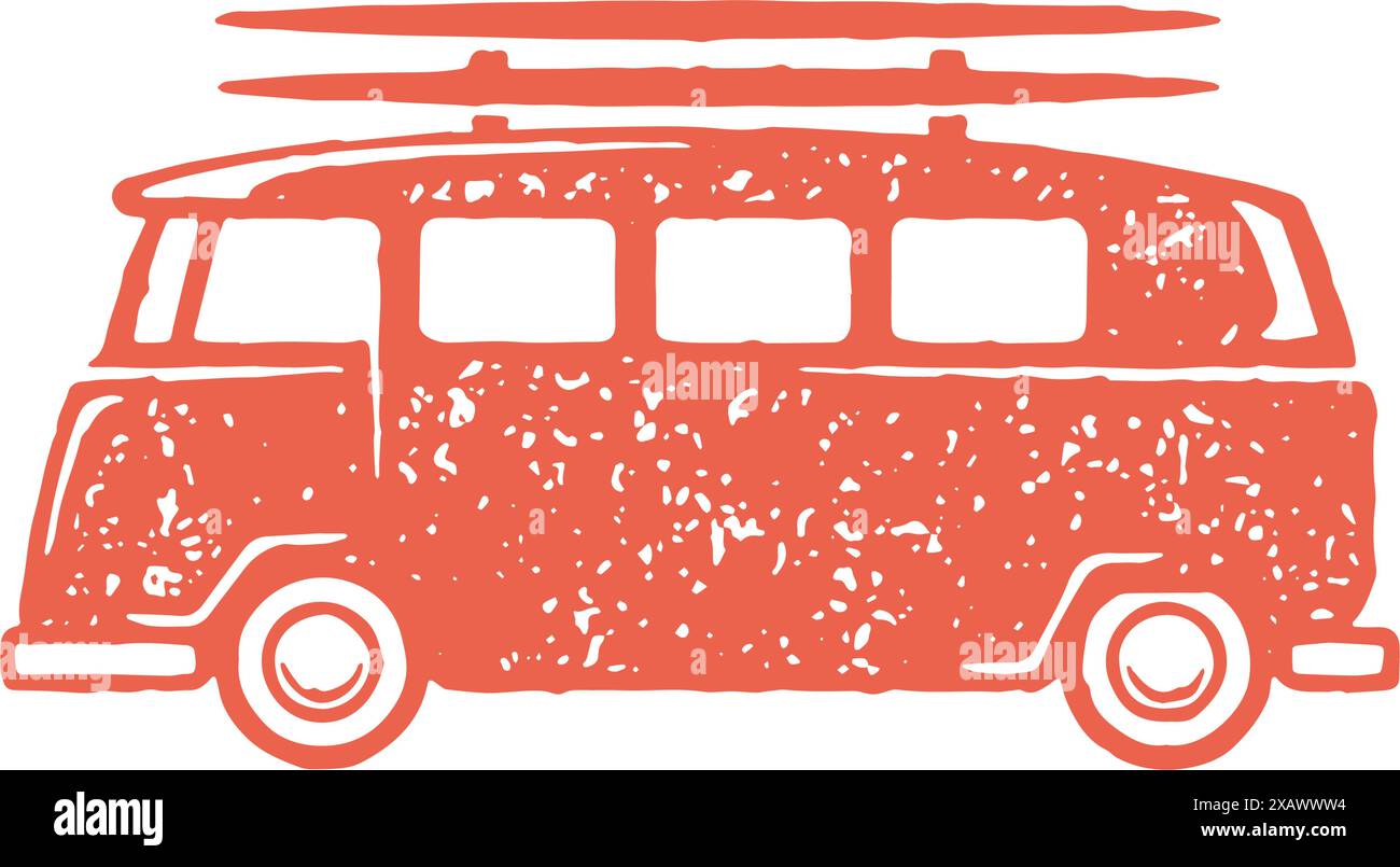 Hand drawn surfer bus with surfboards side view red grunge texture ...