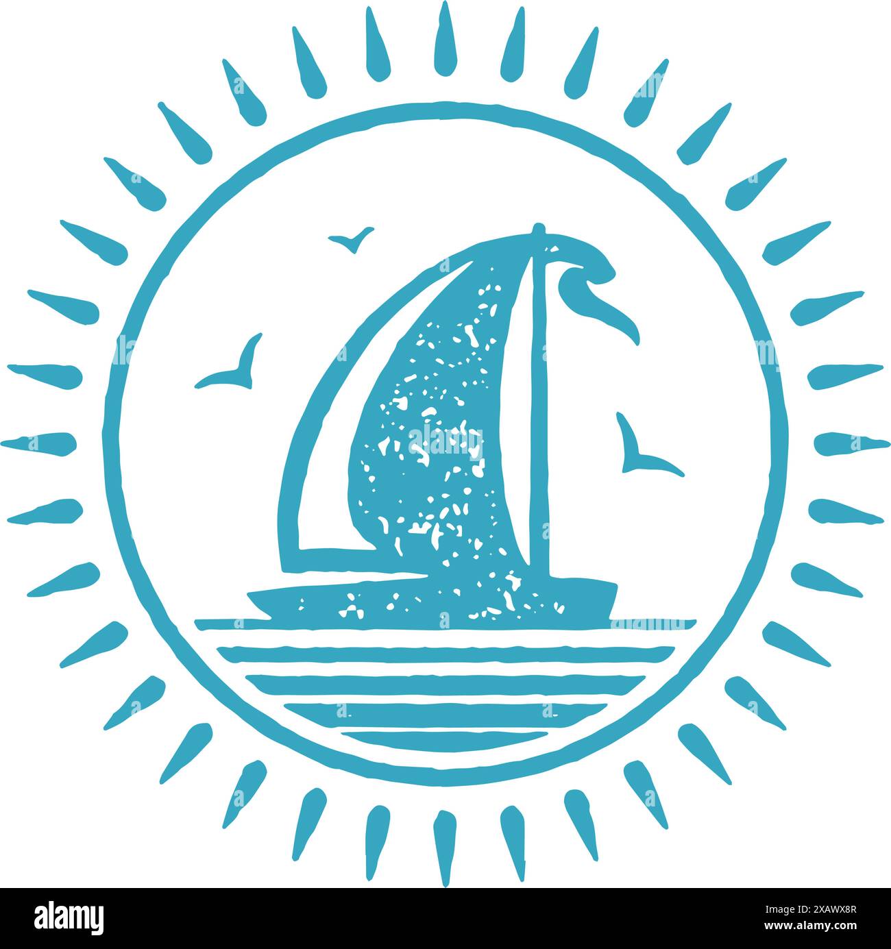 Sailing boat floating on sea with seagulls circle blue hand drawn ...