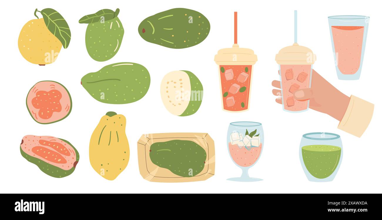 Guava isolated on white background. Set of exotic sweet dessert, juice ...